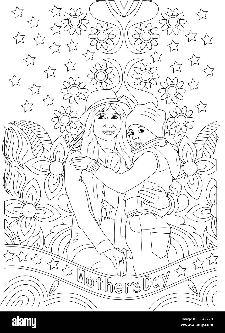 Mother's Day Coloring Page with Mom and Child Hug Stock Vector Image ...