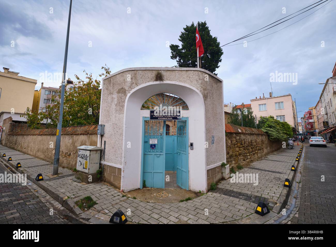 The blue, metal security entrance gate of the Jewish temple complex. At ...