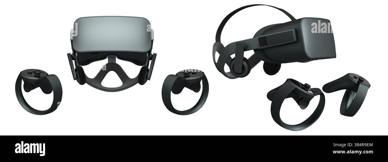 Virtual reality glasses and headset with controllers isolated on white ...