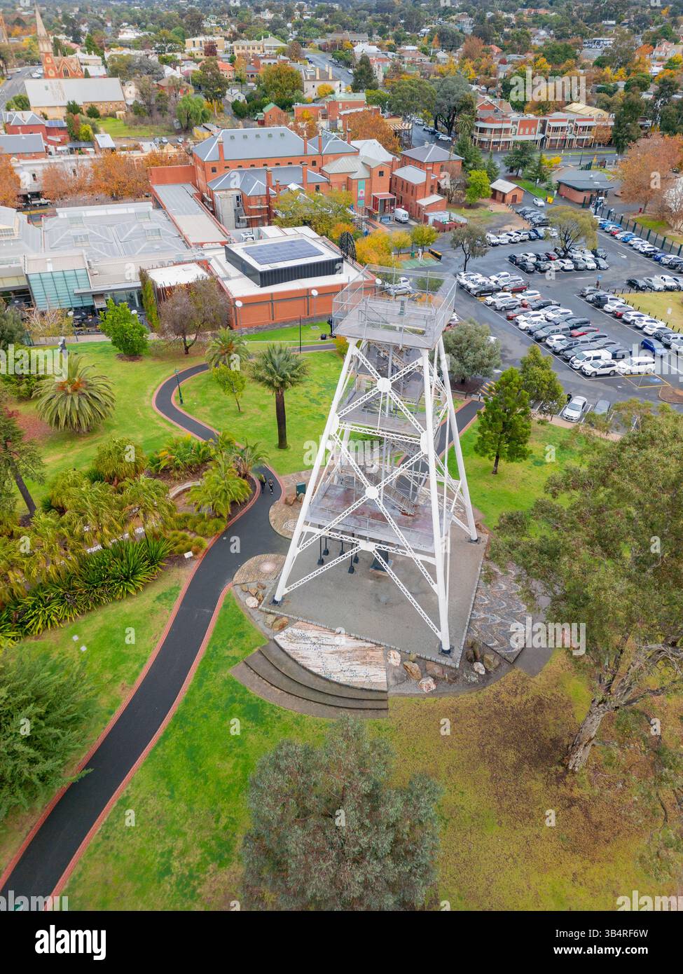 Aerial view of a poppet head lookout tower in the middle of Rosiland ...