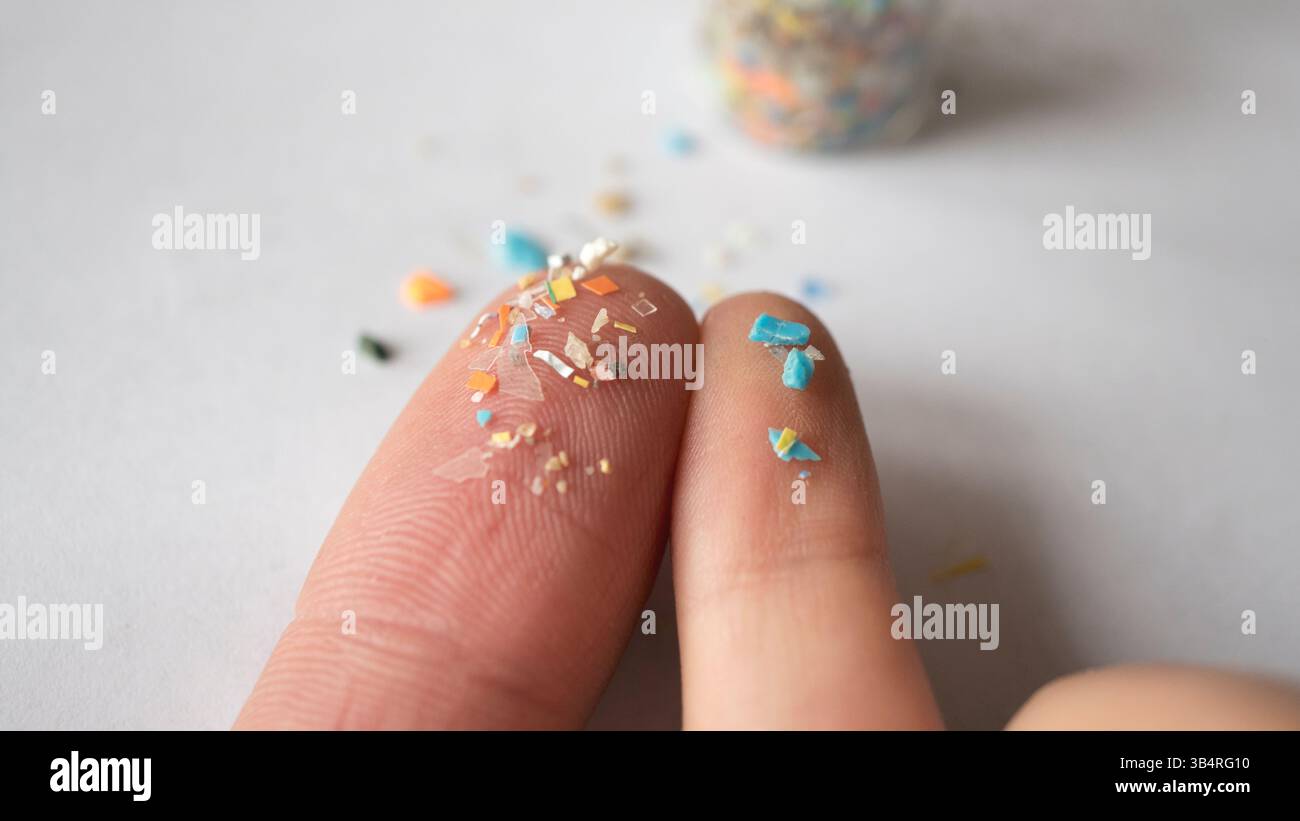 Micro plastic pieces on top of both father's and daughter's fingers ...