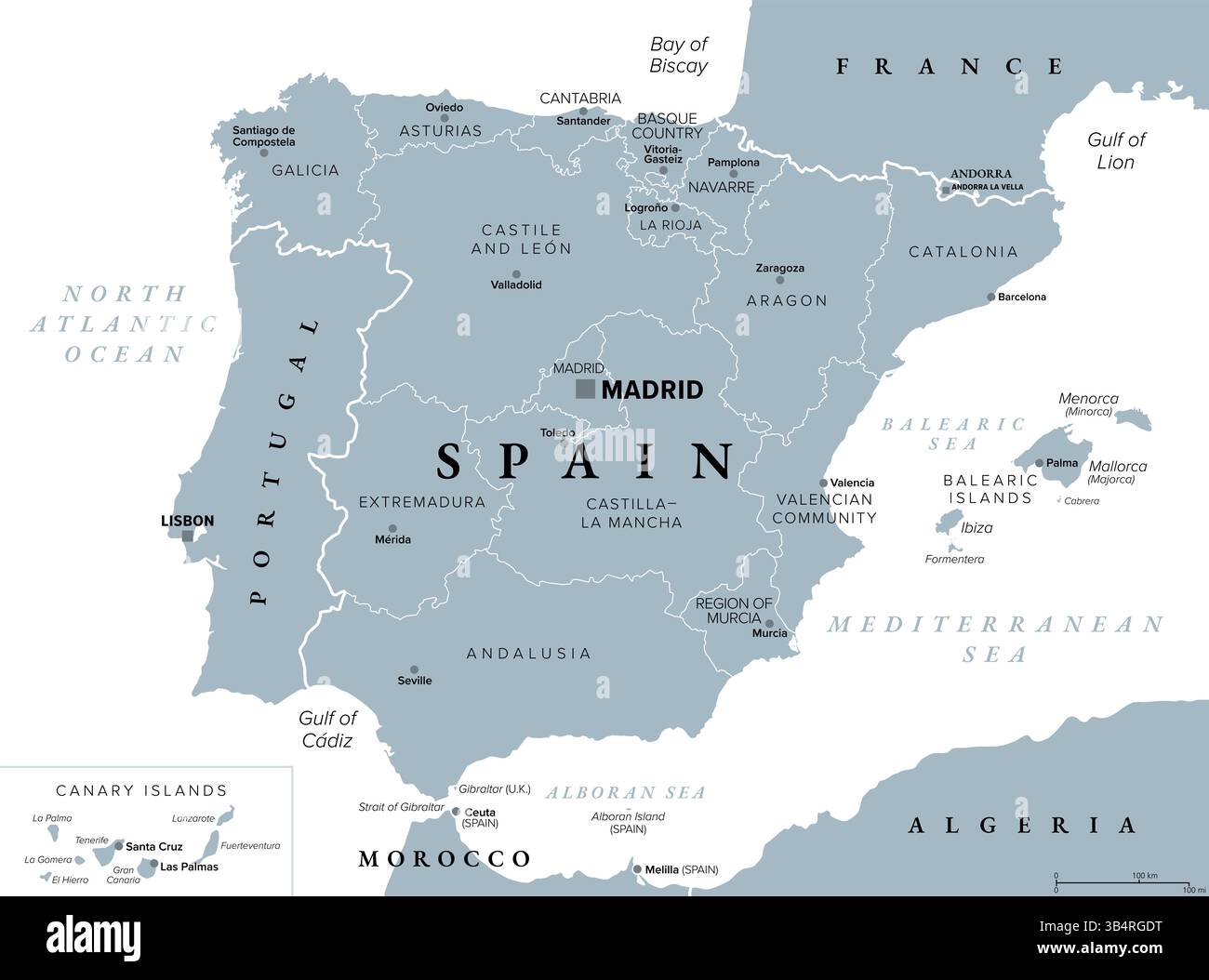 Spain, autonomous communities, gray political map. Administrative divisions with limited ...