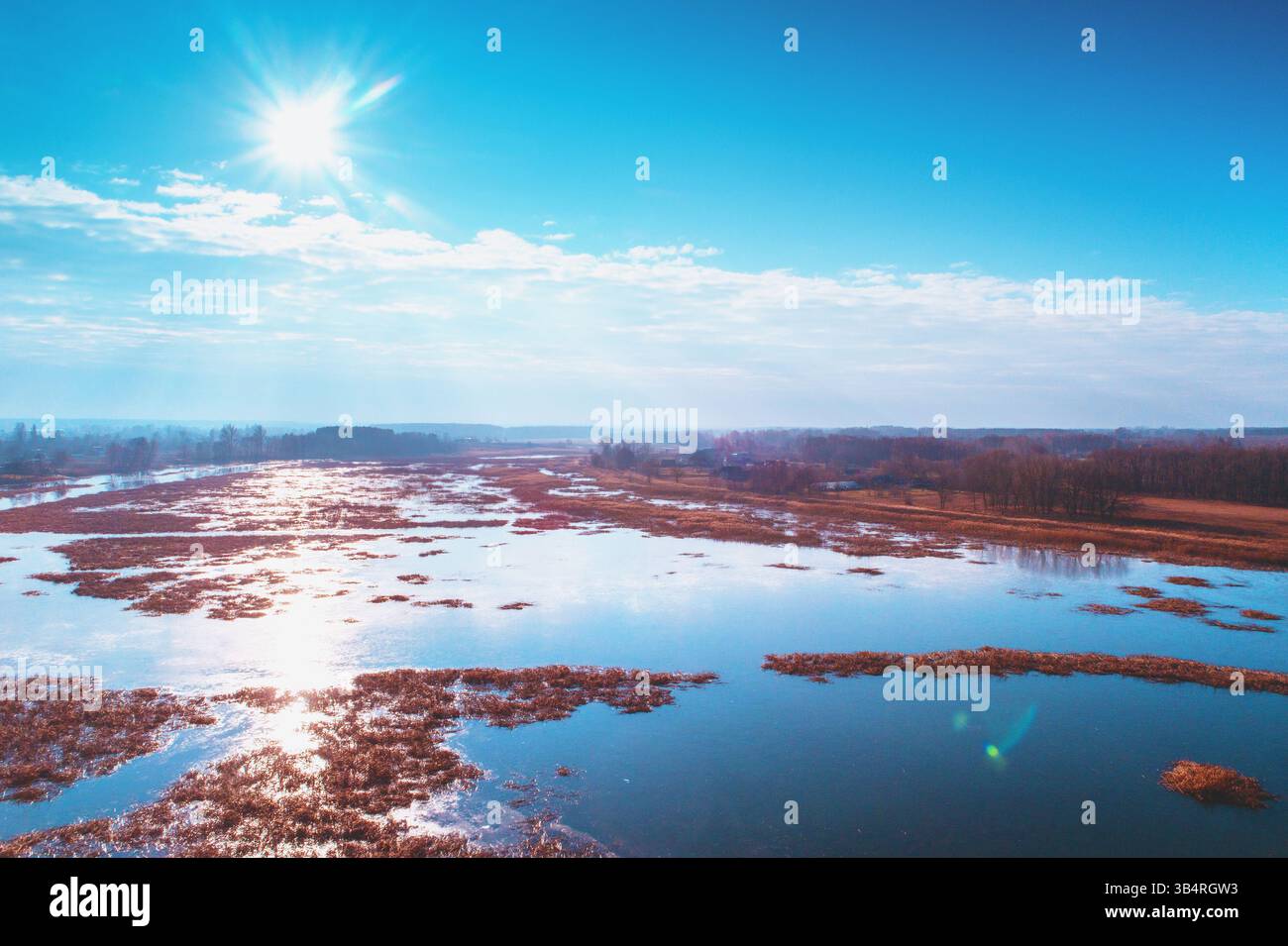 View from above of the river in the early spring at daylight. Beautiful ...