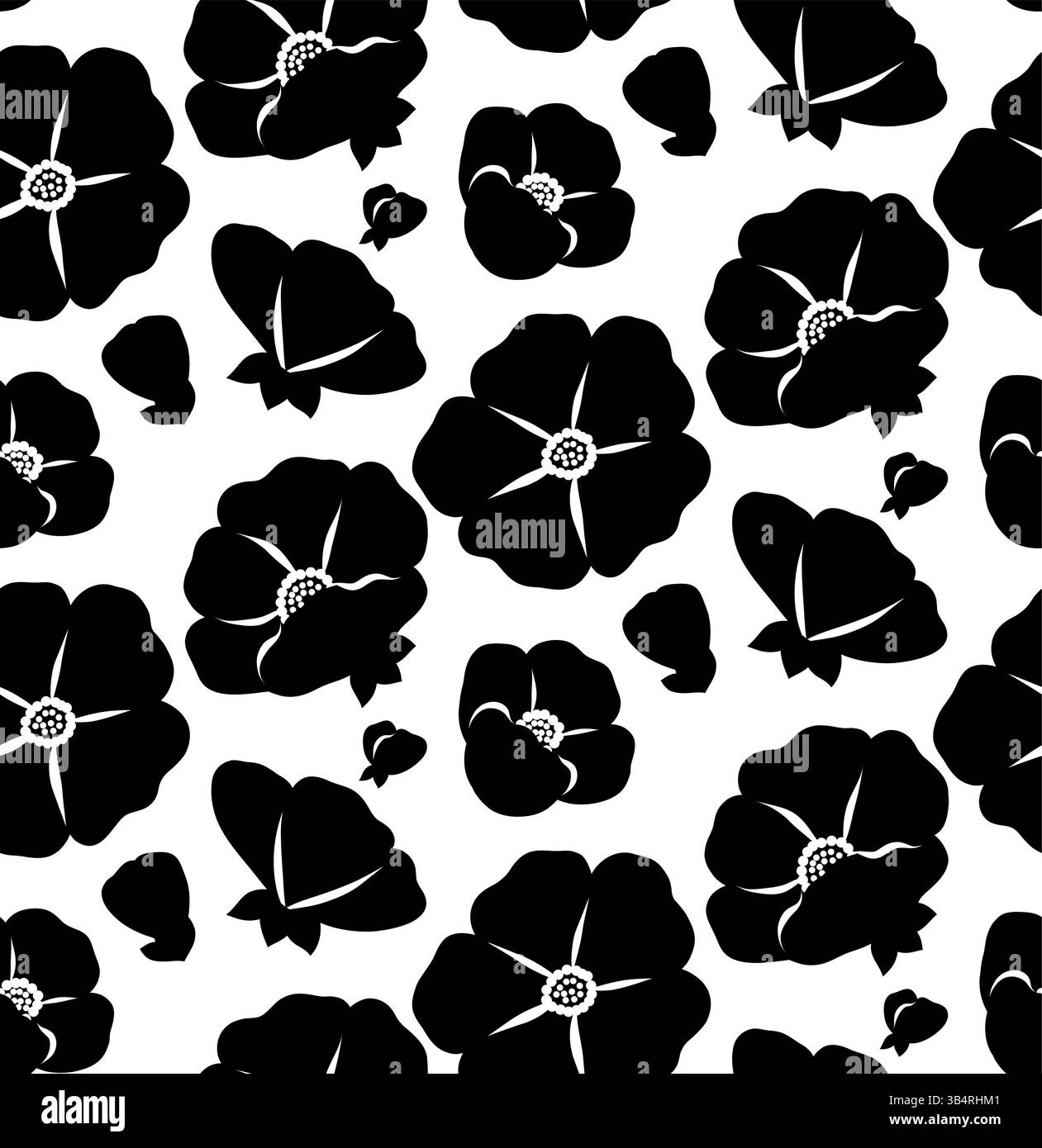 Vector pattern with black silhouette of flowers. Monochrome spring ...