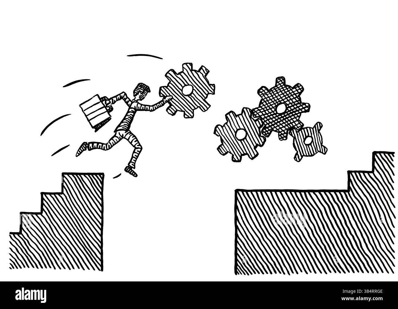 Freehand pen drawing of a business man with cog wheel in hand jumping ...