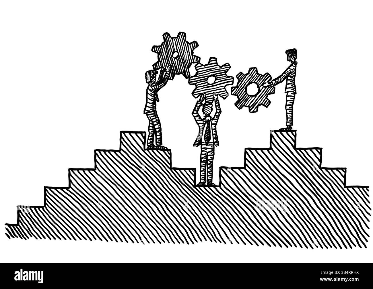 Freehand pen drawing of three business men holding up three cog wheels ...