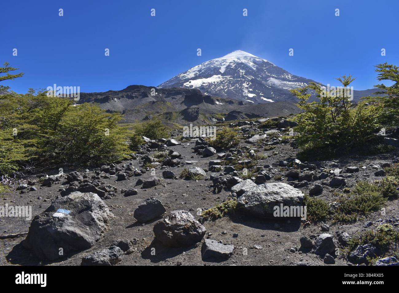 The summit and glacier of Lanin Volcano from the south, Lanin National ...
