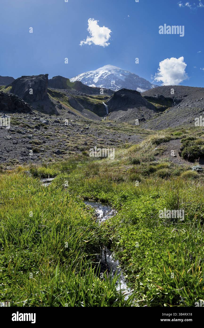 The summit and glacier of Lanin Volcano from the south, Lanin National ...