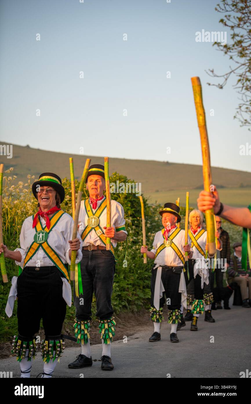 1st May 2025. East Sussex, UK. The Long Man Morris Men dance in the ...