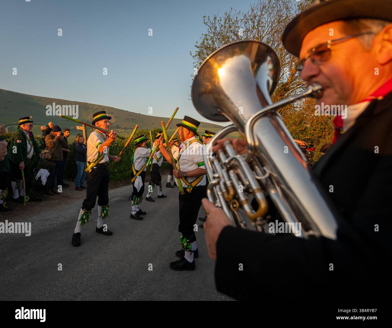 1st May 2025. East Sussex, UK. The Long Man Morris Men dance in the ...