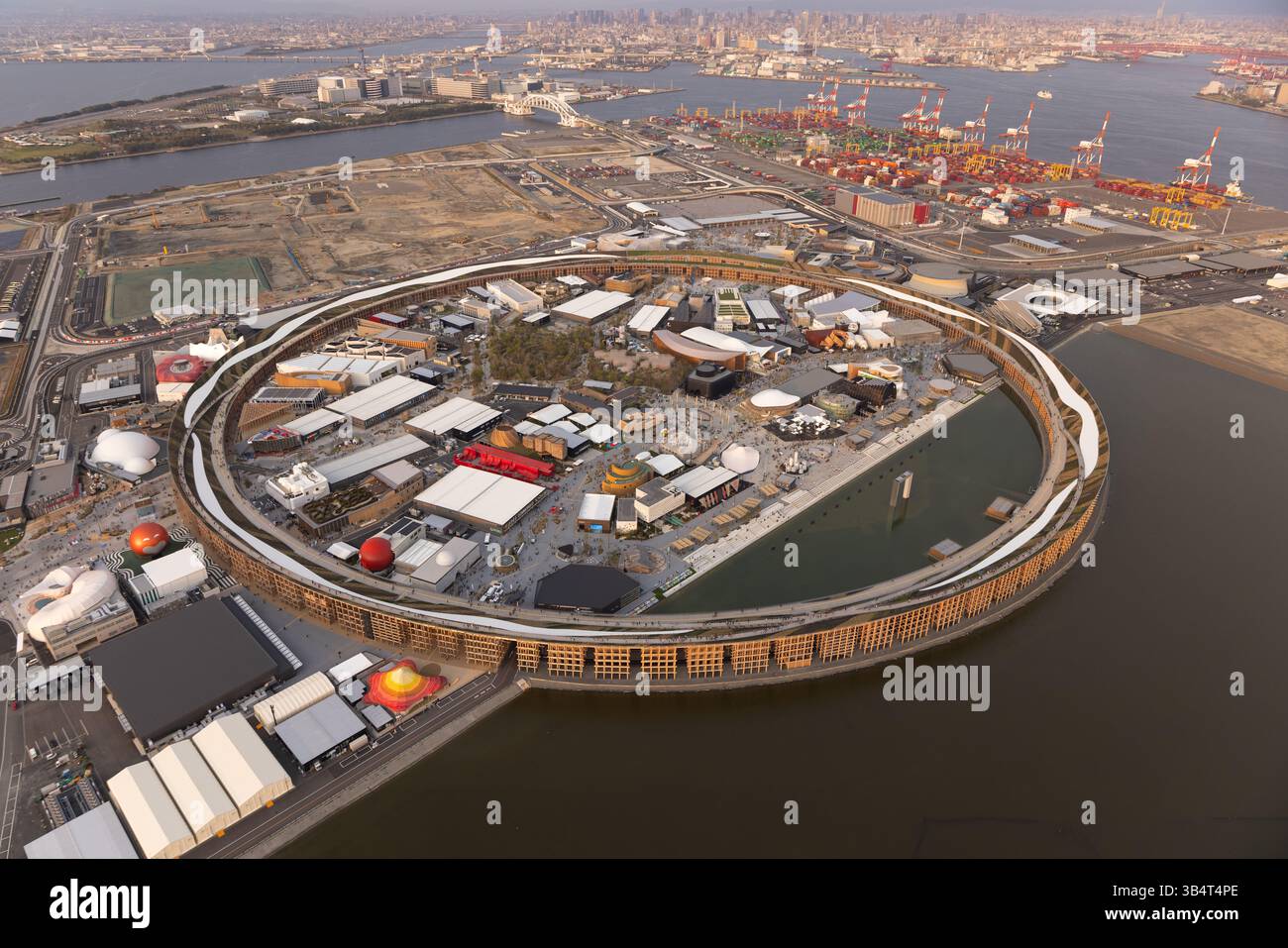 Aerial view of Osaka Expo 2025 Japan, helicopter view sunset of Grand ...