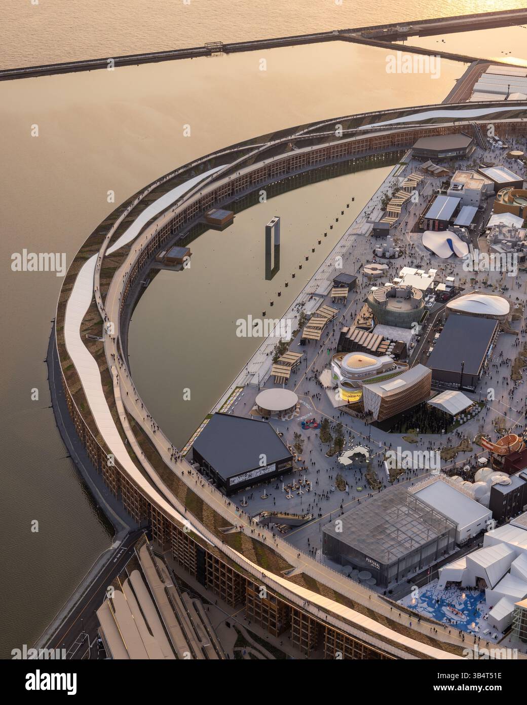 Aerial view of Osaka Expo 2025 Japan, helicopter view sunset of Grand ...