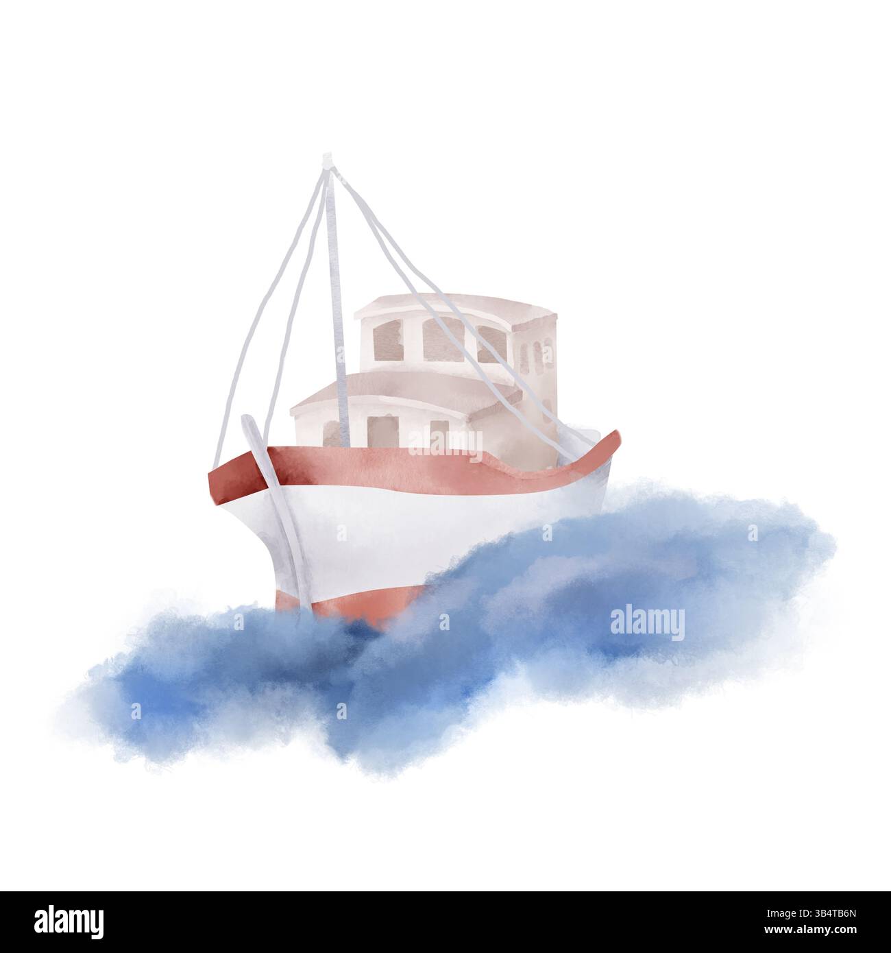 A motor boat, a small fishing longboat floats on the waves. Watercolor ...