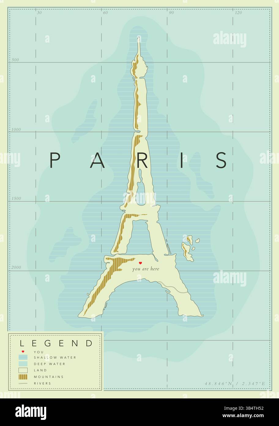 Paris geographical map with eiffel tower, legend and coordinates poster ...