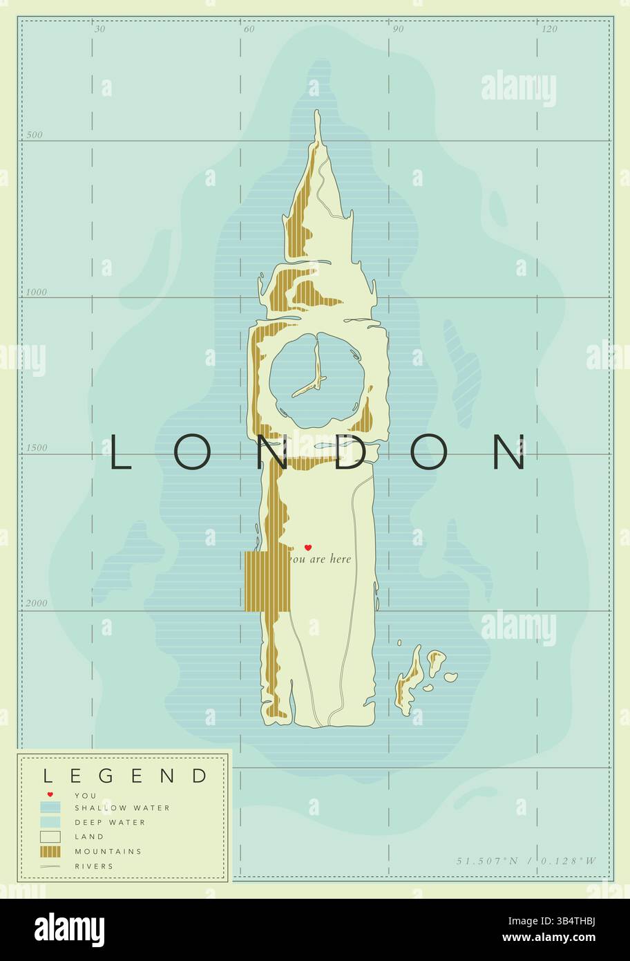 London geographical map with big ben, legend and coordinates poster ...