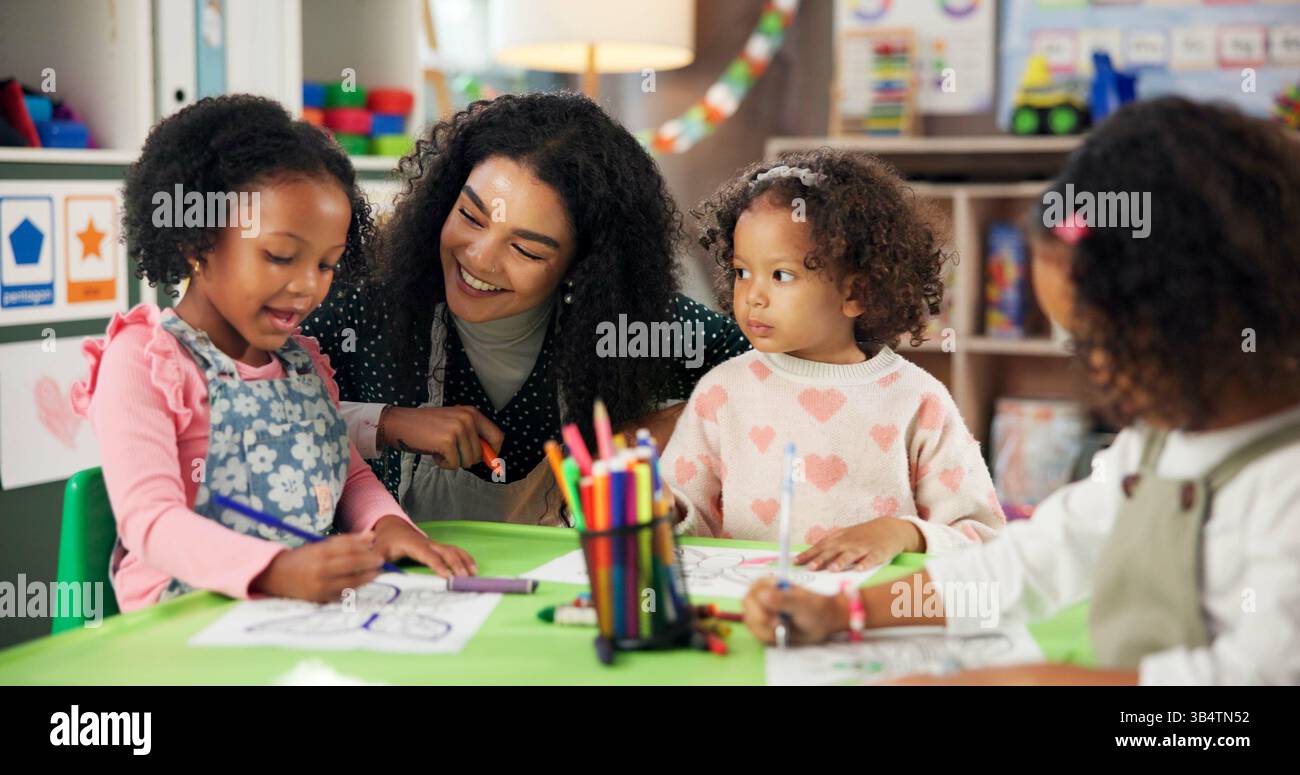 Drawing, learning and teacher with children in classroom for education ...