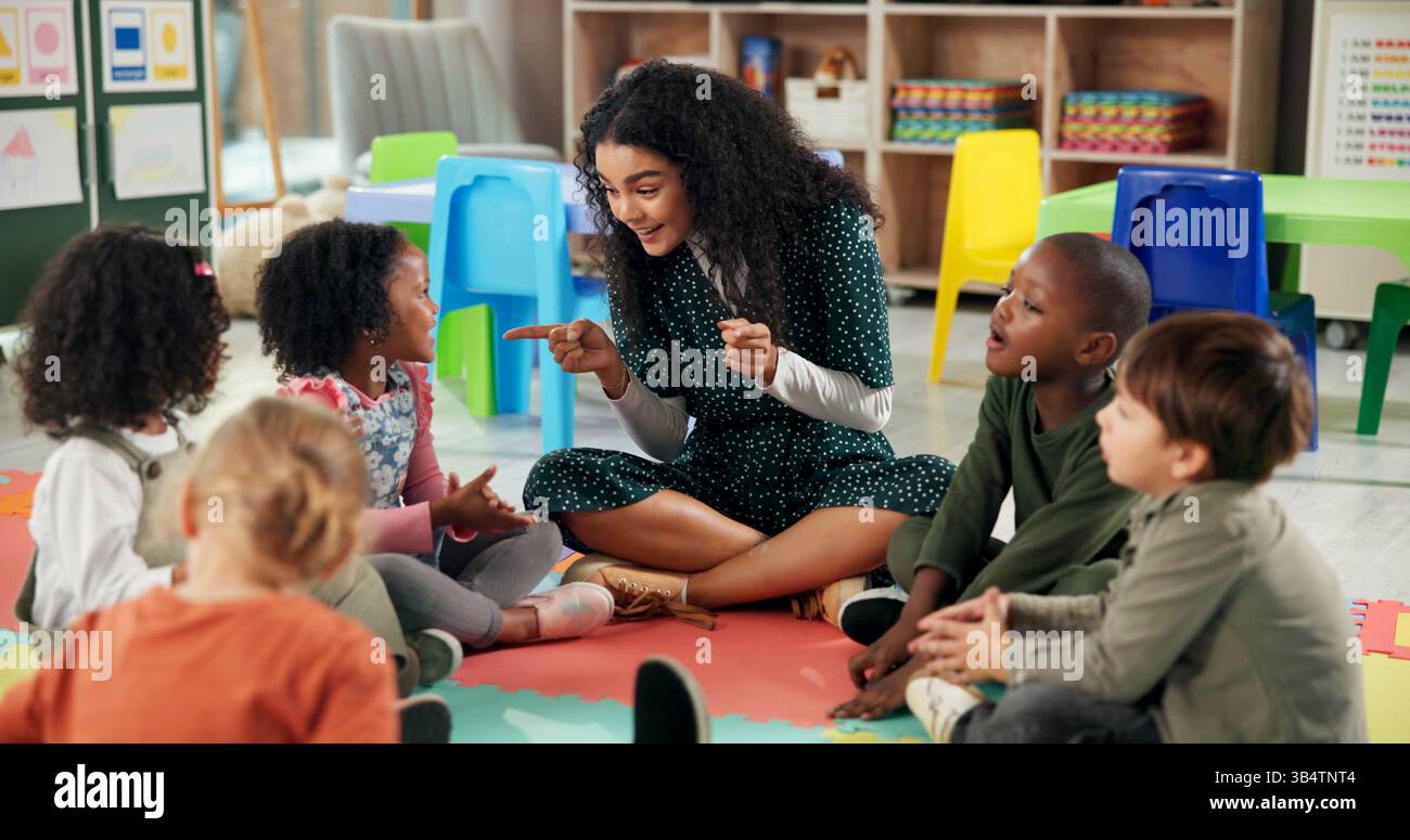 Singing, education and teacher with children in classroom for learning ...