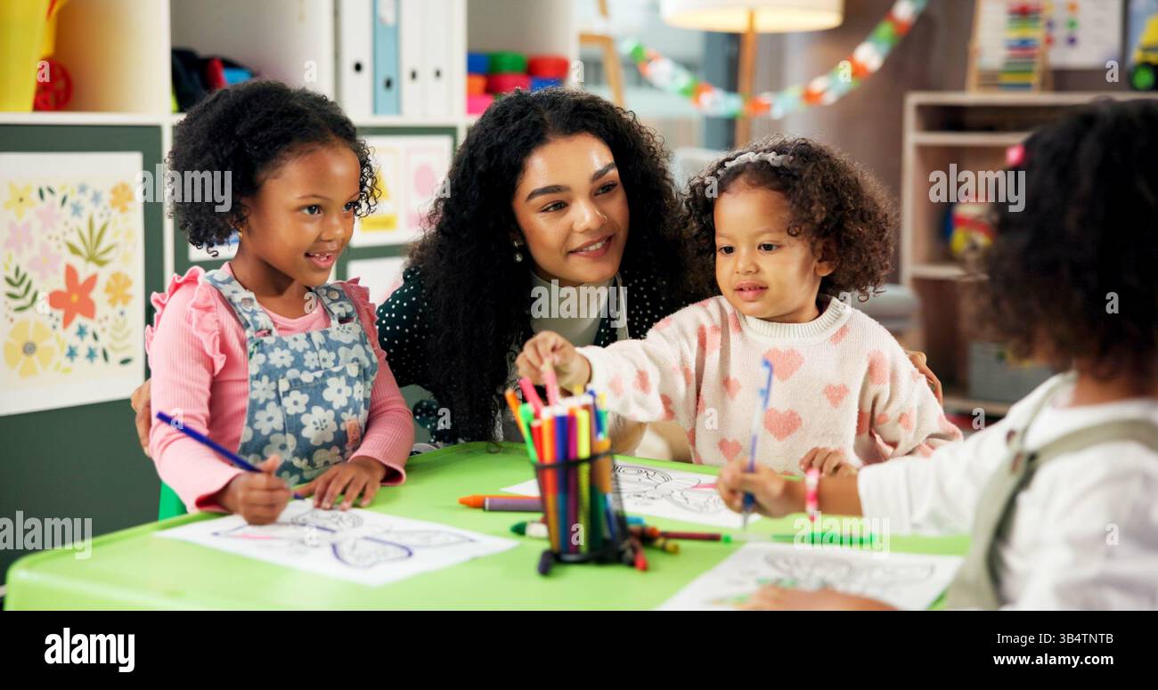 Drawing, helping and teacher with children in classroom for education ...