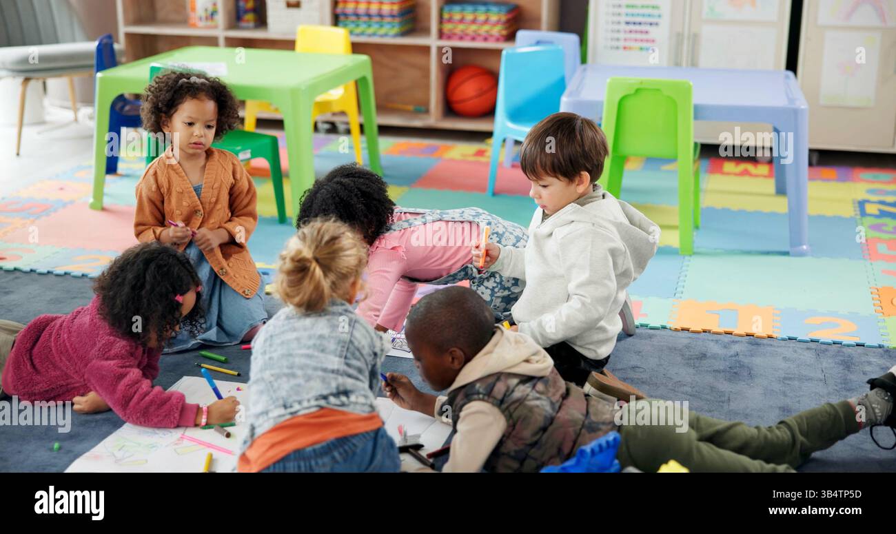 Color, floor and drawing with kids in classroom for child development ...