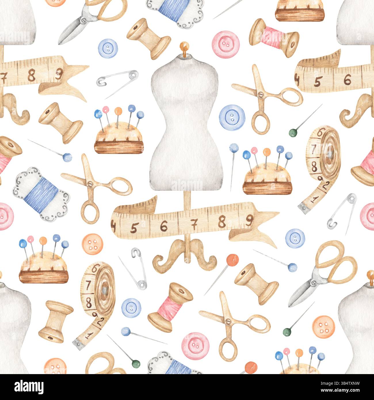 Watercolor Vintage Sewing Supplies Seamless Pattern, Craft repeat paper ...