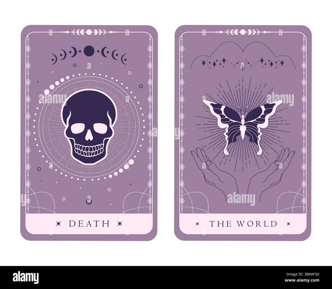 Tarot symbols Death and The World. Magical celestial tarot cards of ...
