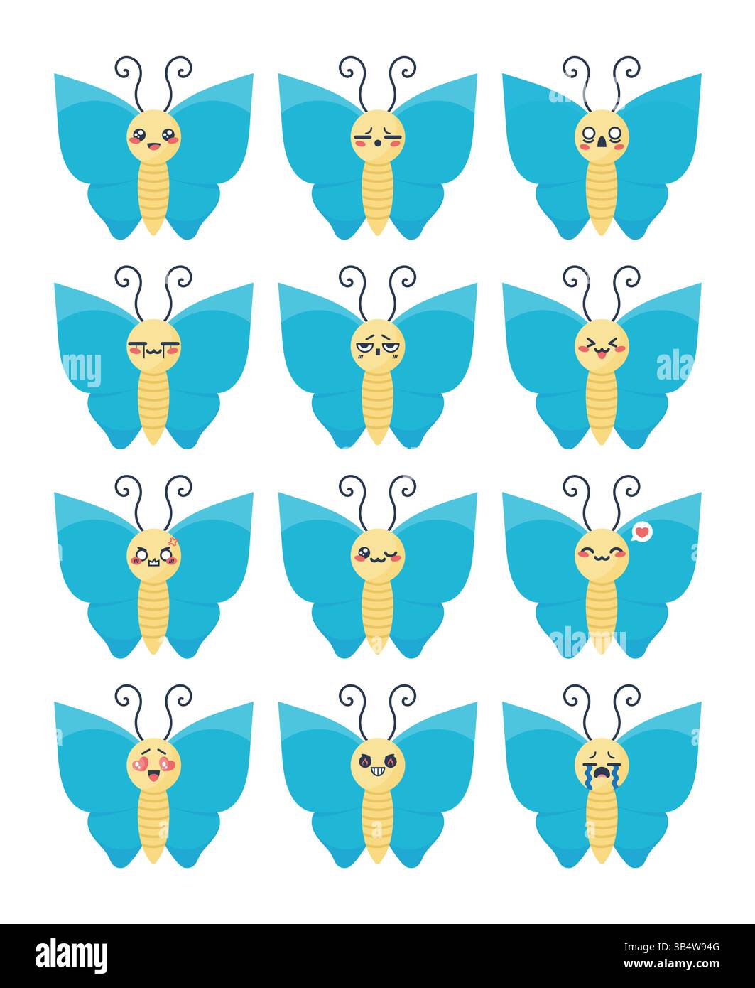 Cute butterfly character manga emoji set. Butterfly cartoon mascot ...