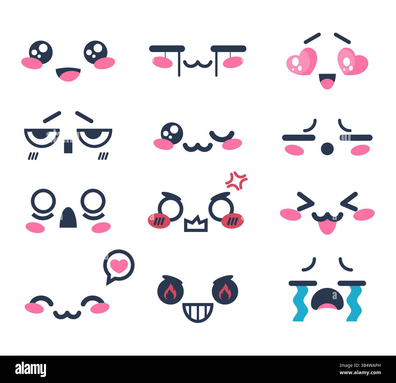 Kawaii manga emoji set. Cartoon comic anime faces. Vector illustration ...