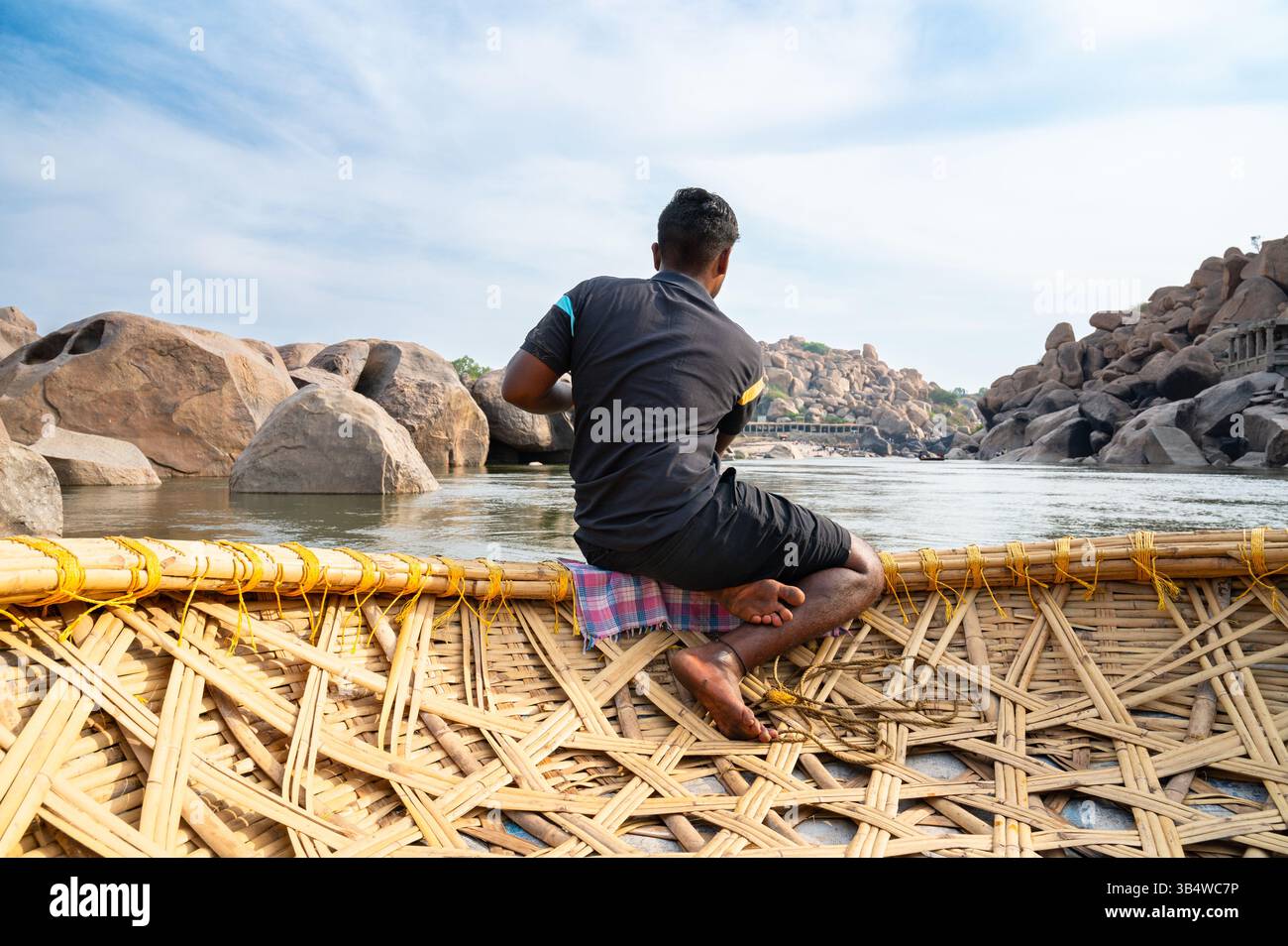 Coracle boats at the Tungabhadra River in Hampi, India, traditional ...