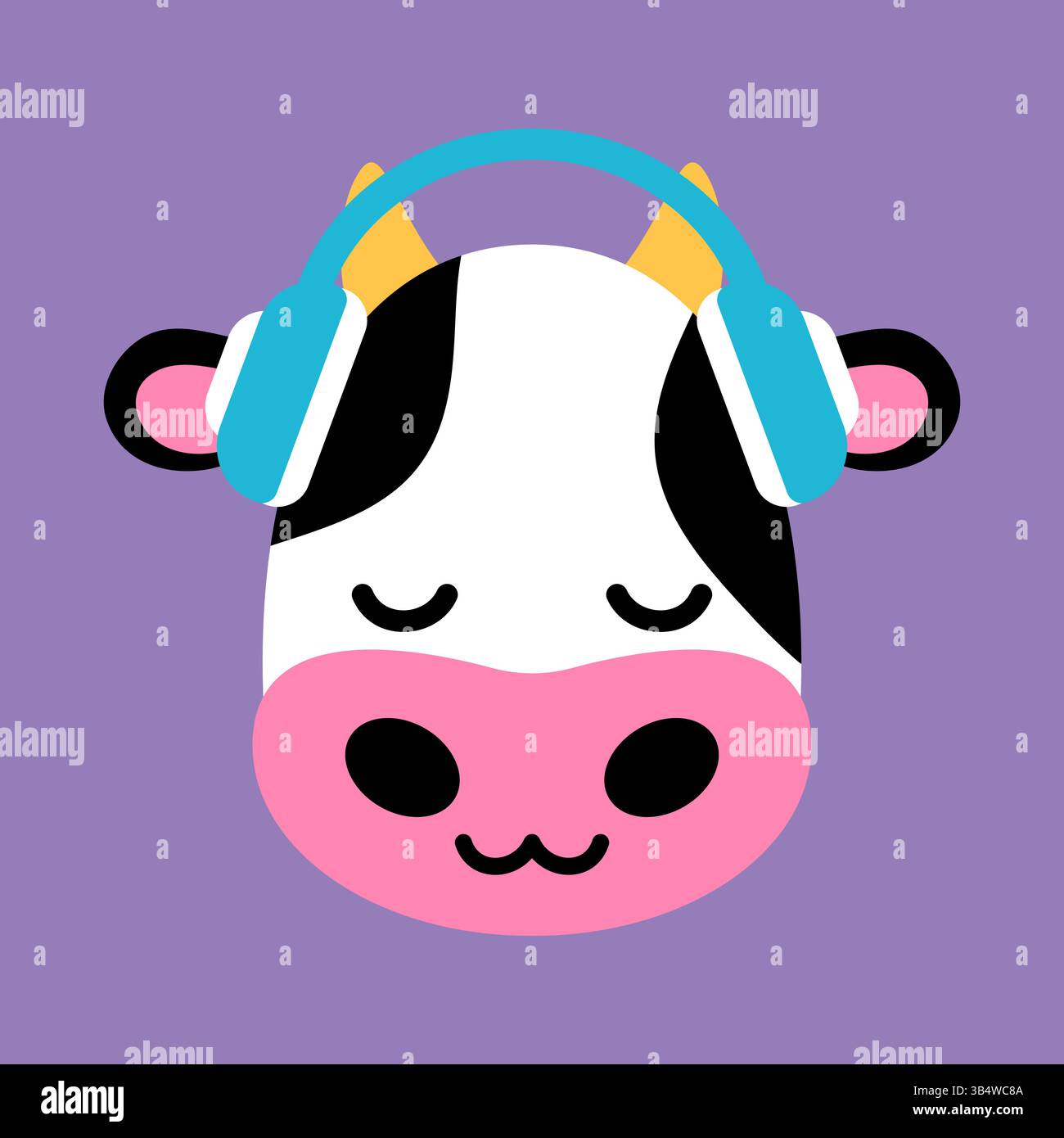 Cute cow in headphones. Baby cow listening to music with closed eyes ...