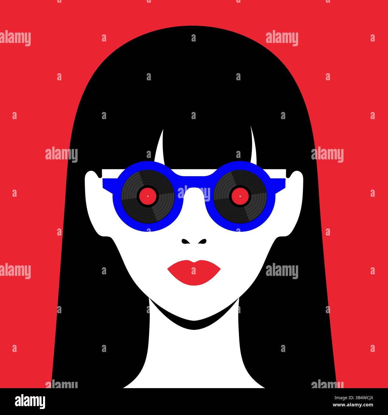 Abstract portrait of a female with red lips in vinyl record sunglasses ...