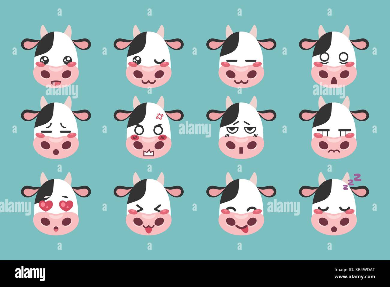 Cute cow character manga emoji set. Cow animal cartoon mascot emoji ...