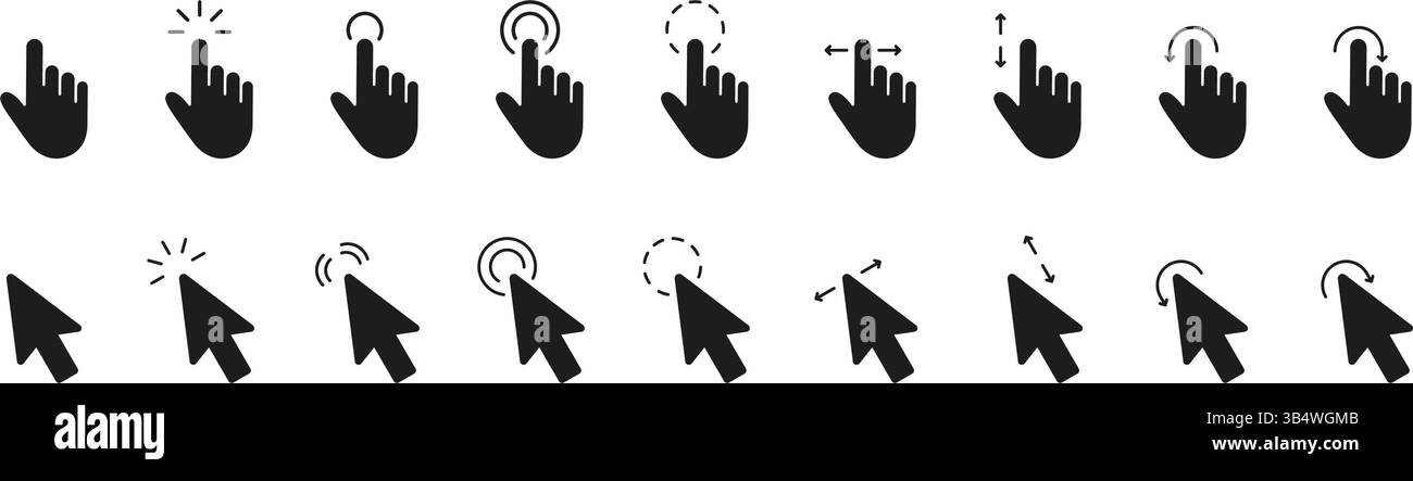 Hand Gesture And Cursor Click Solid Icon Set. Finger Tap And Mouse ...