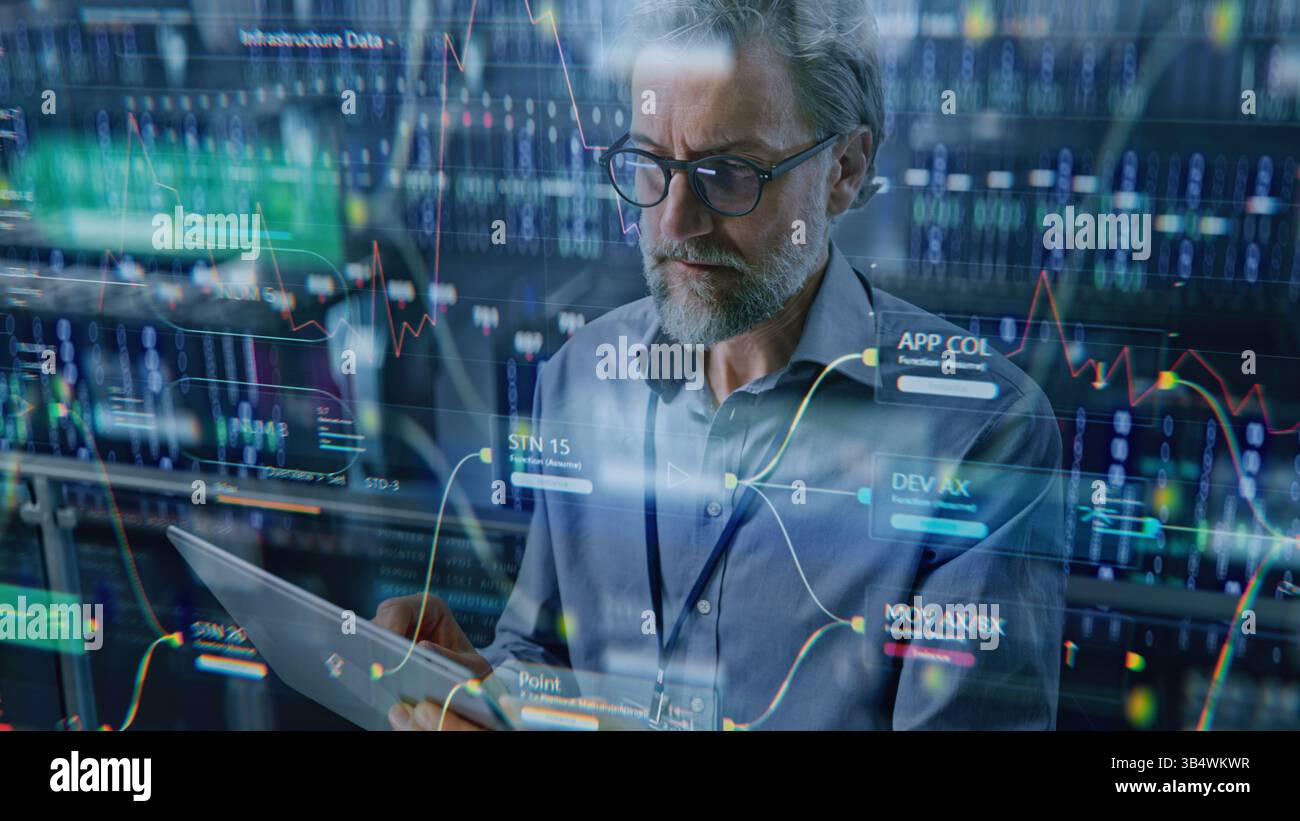 Futuristic Big Data Center with VFX: Professional Administrator Using ...