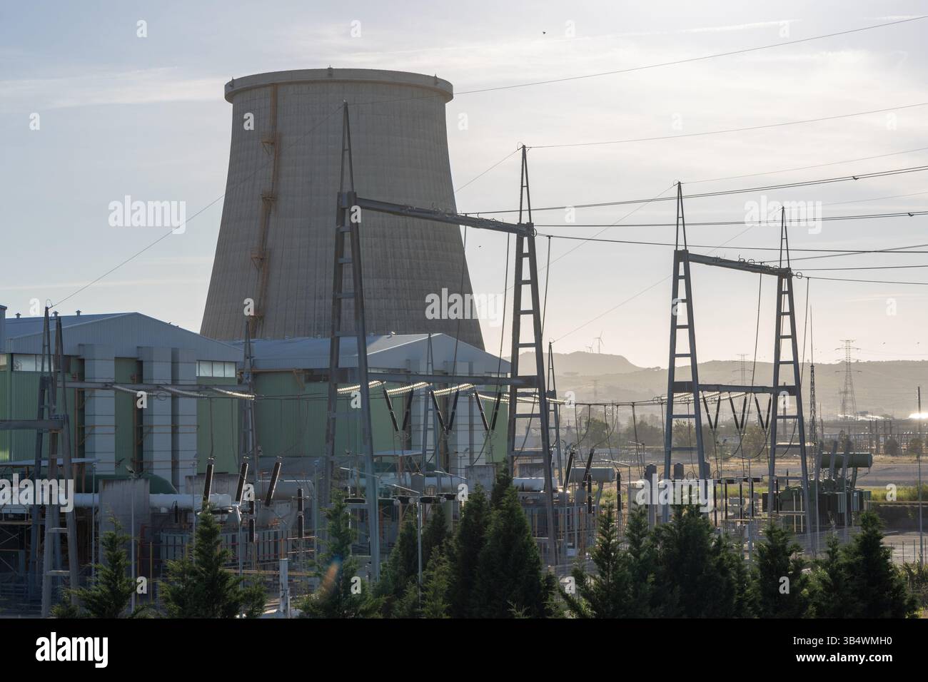 Ribatejo power station generating electricity with cooling tower and ...