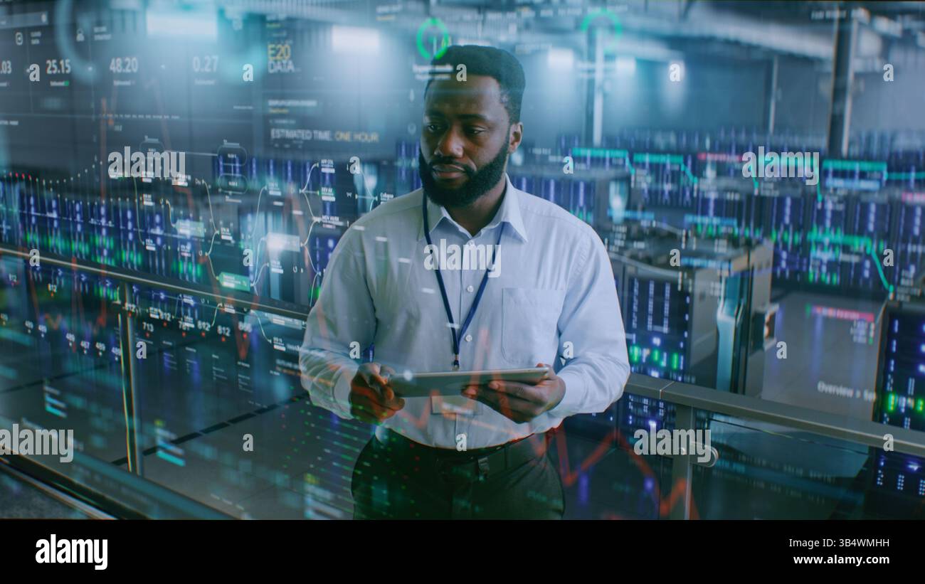 Futuristic Big Data Center with VFX: African American Administrator Using Digital Tablet ...