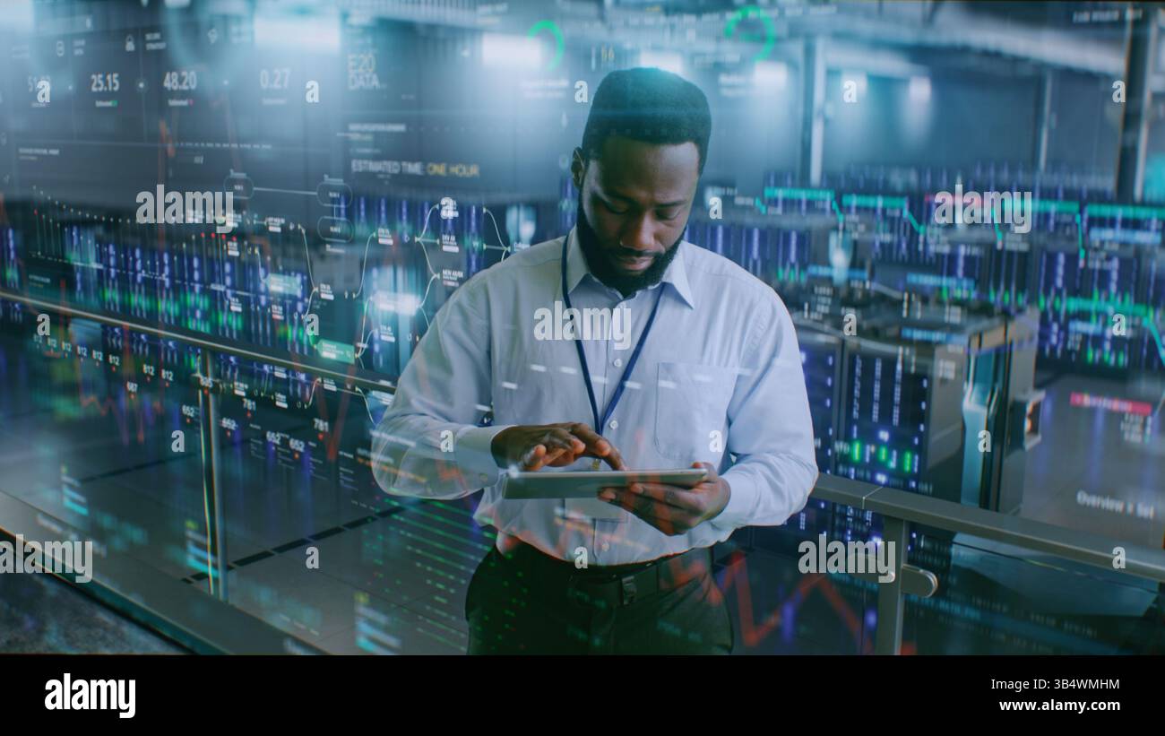Futuristic Big Data Center with VFX: African American Administrator ...