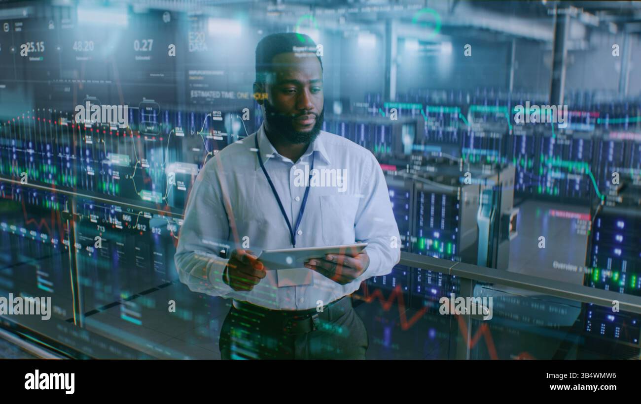Futuristic Big Data Center with VFX: African American Administrator ...