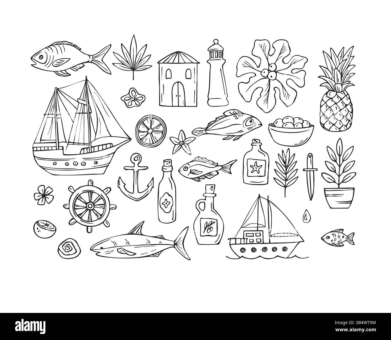 Set of sea doodles with ship and fish Stock Vector Image & Art - Alamy