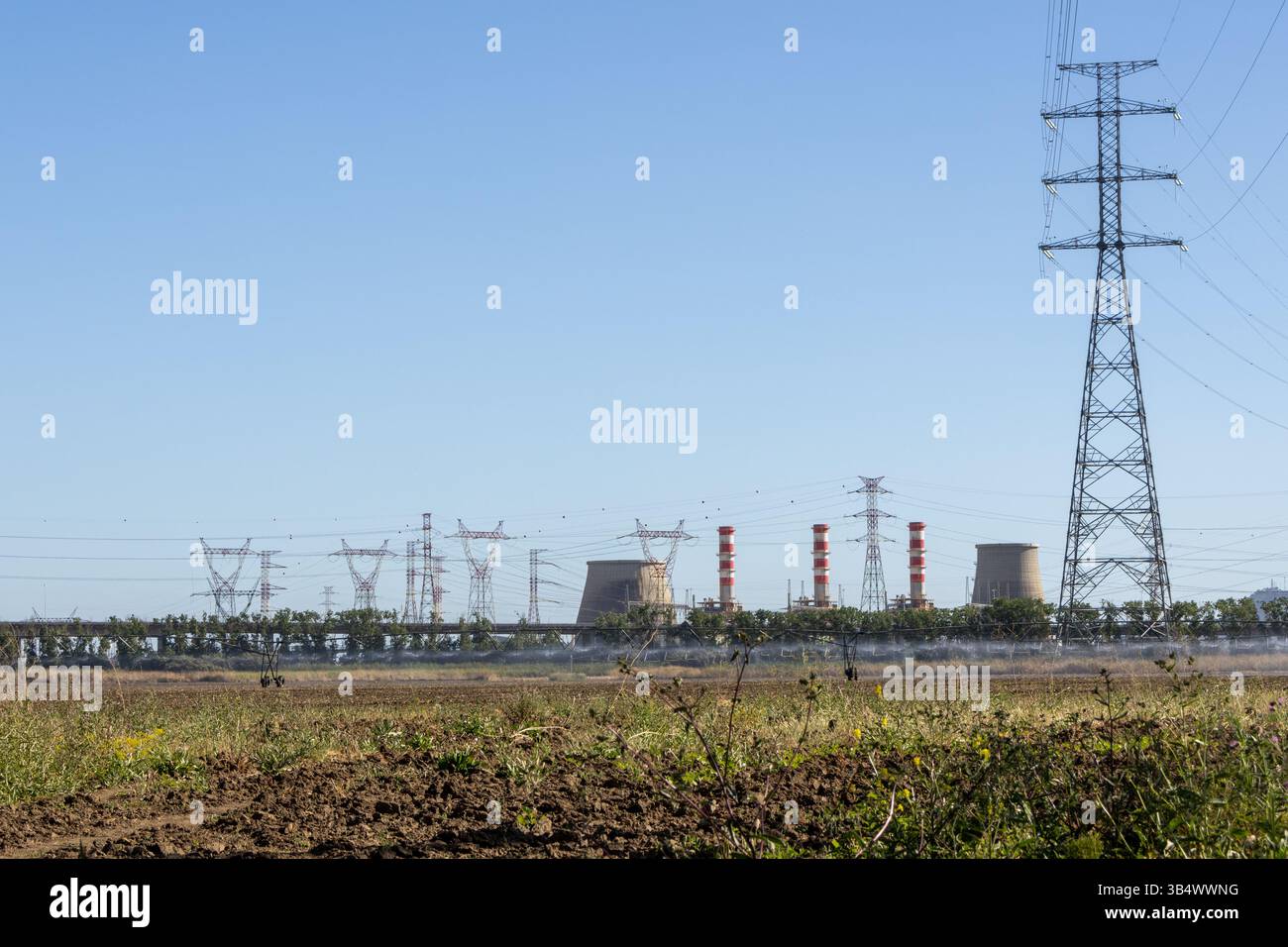 Ribatejo power station generating electricity with cooling towers and ...