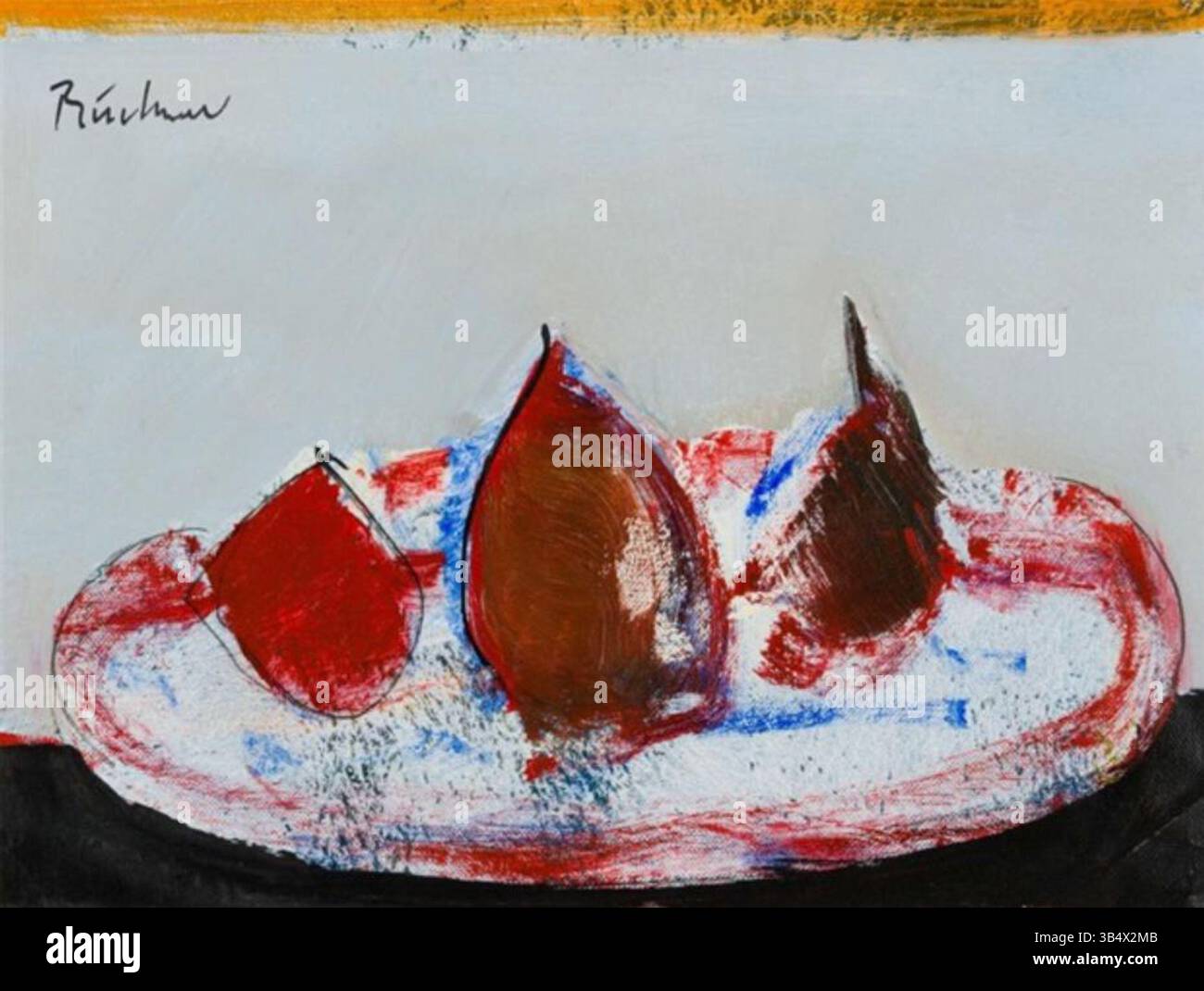 This still life by Carl Buchner, painted after 1900, depicts pears in a ...