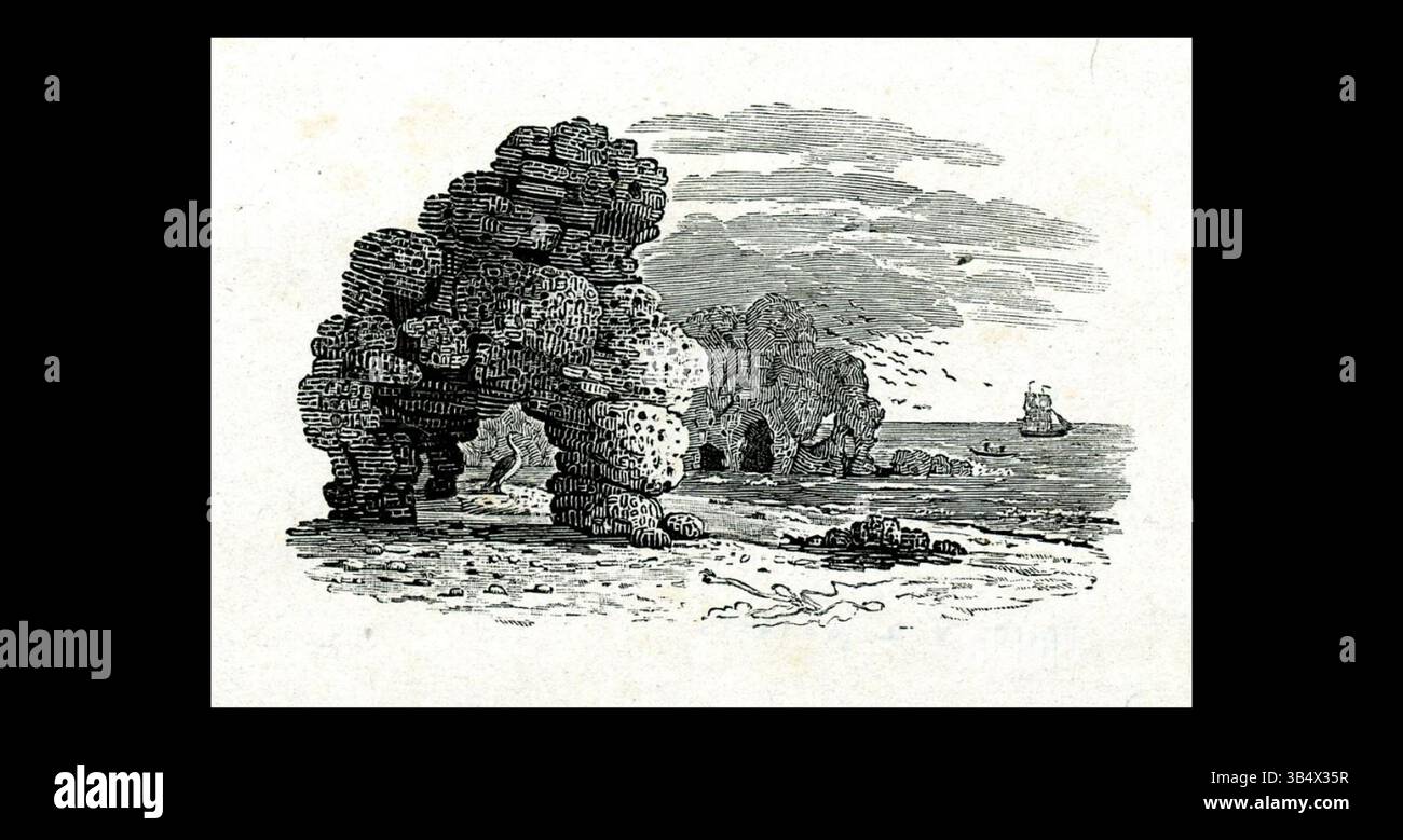 This 1798 wood engraving by Thomas Bewick depicts Marsden Rock, a natural landmark. The ...