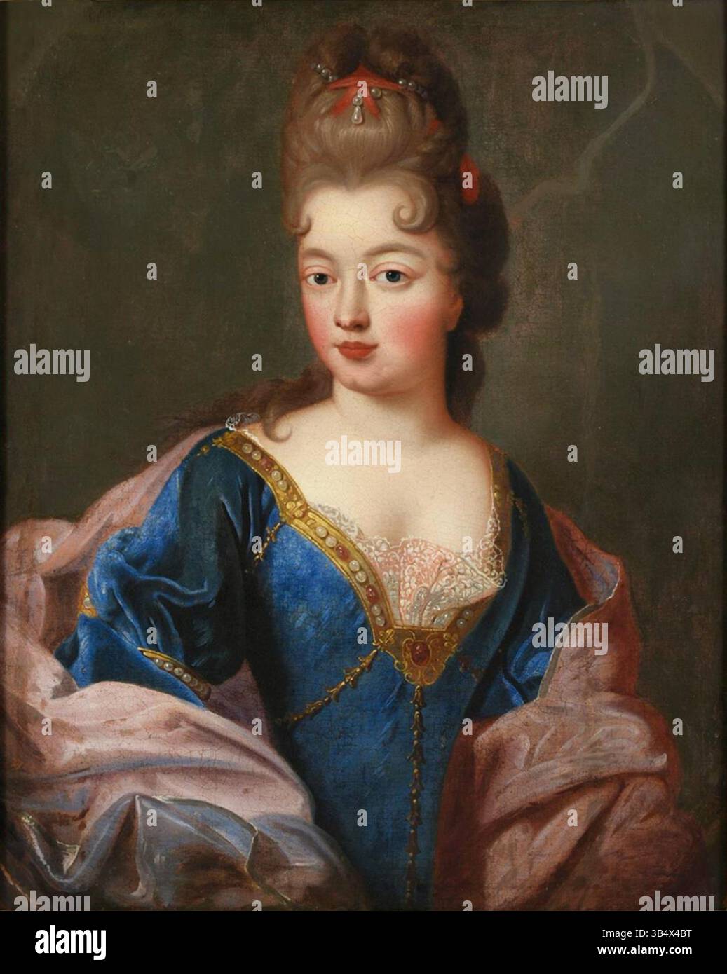 This painting, attributed to Pierre Gobert’s circle, presents a 17th-century royal portrait ...