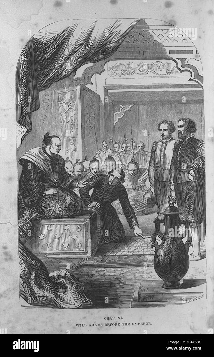 William Adams stands before Shogun Tokugawa Ieyasu, a scene depicting ...