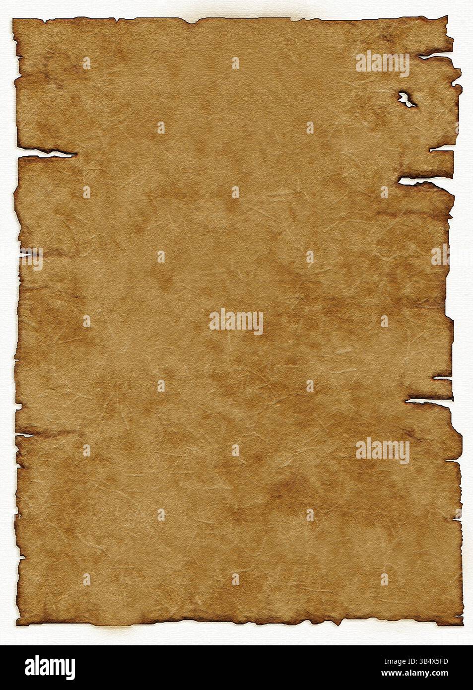Old parchment paper with burned and ripped edges showing age and wear ...
