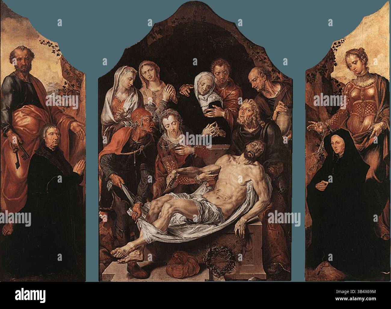 Maarten van Heemskerck's 'Triptych of the Entombment' (1559–1560) portrays the moment of Christ ...