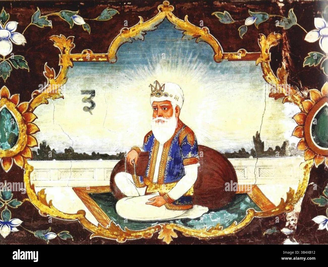 A 19th-century fresco of Guru Amar Das above the entrance to Baoli ...