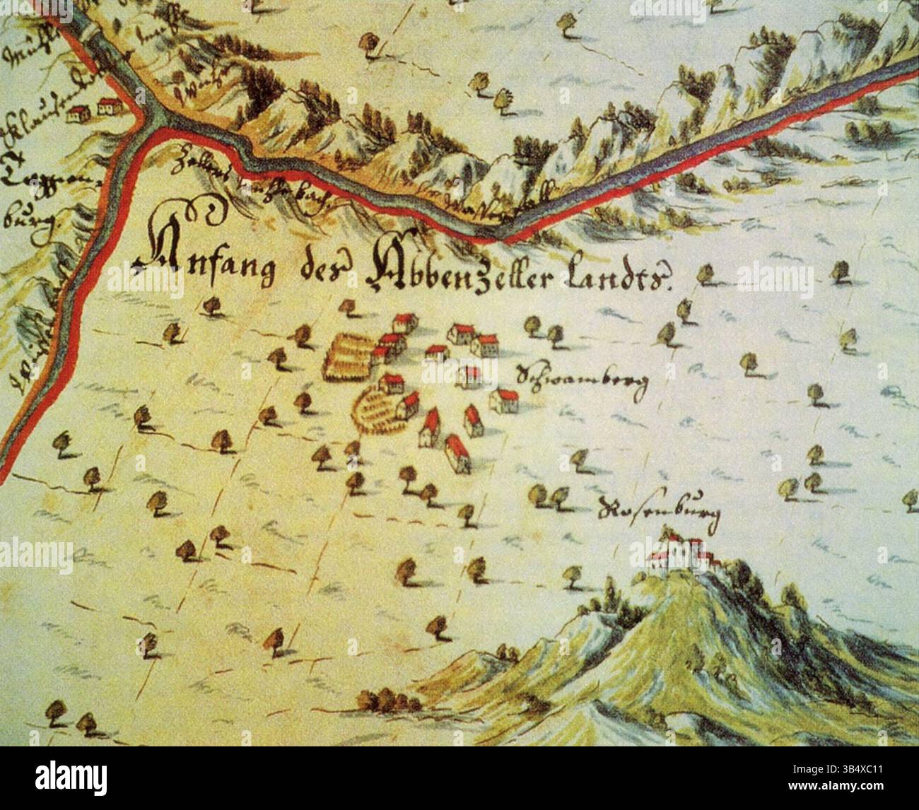 This 1730 map of Schwäenberg shows the Rosenburg and Schwänberger ...