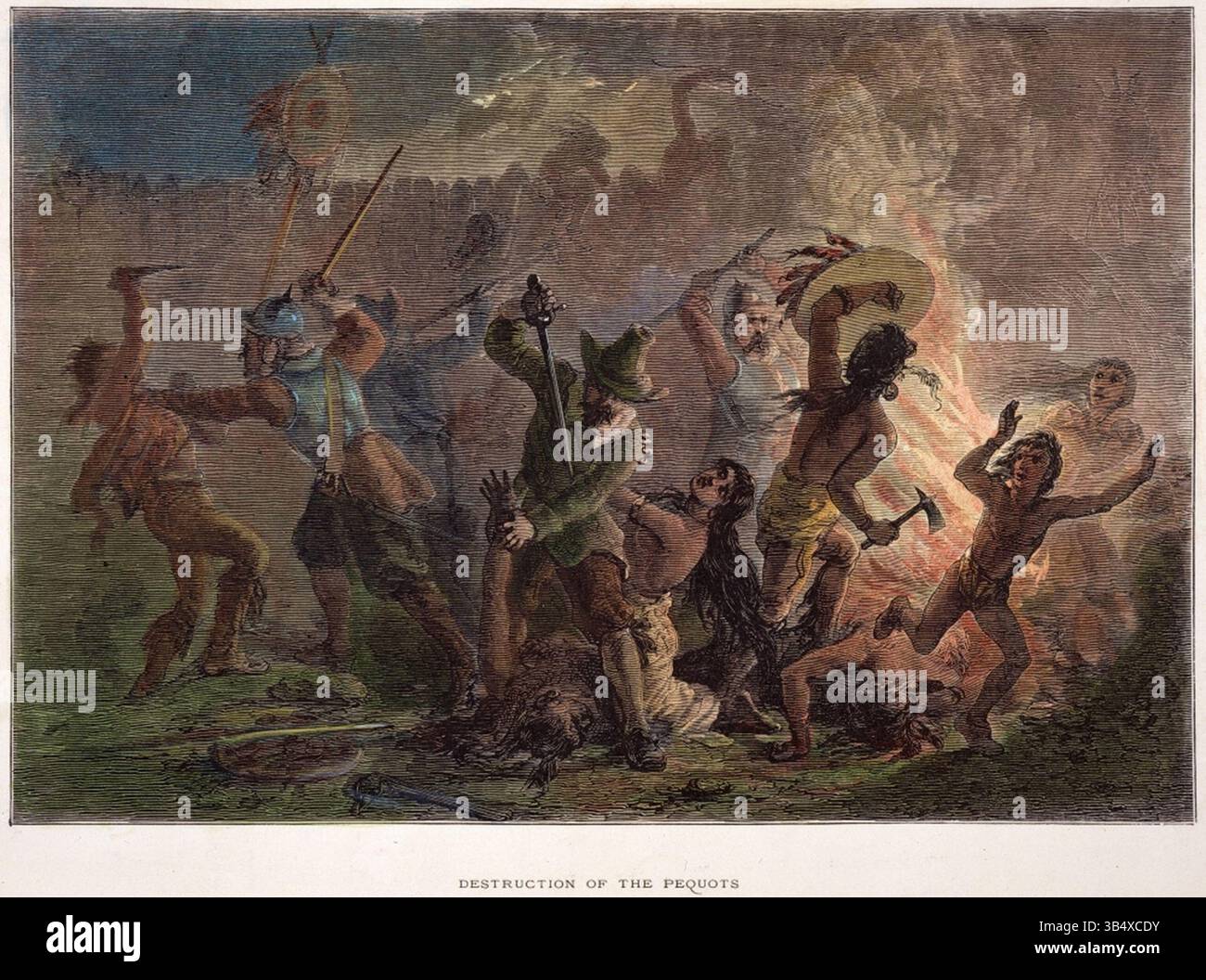 This 19th-century wood engraving illustrates the 1637 Pequot Massacre ...