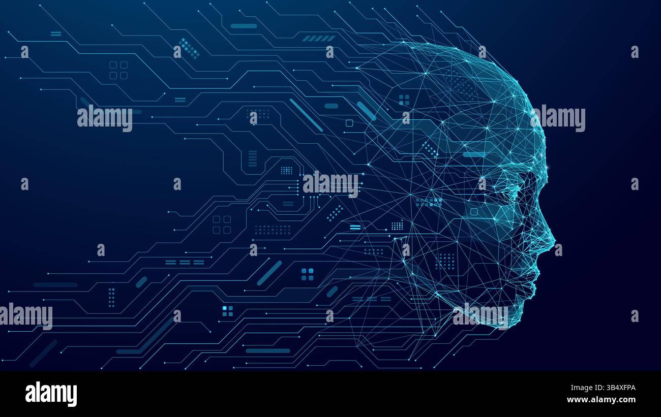 Abstract human face flows into wires of circuit board. Tech background ...