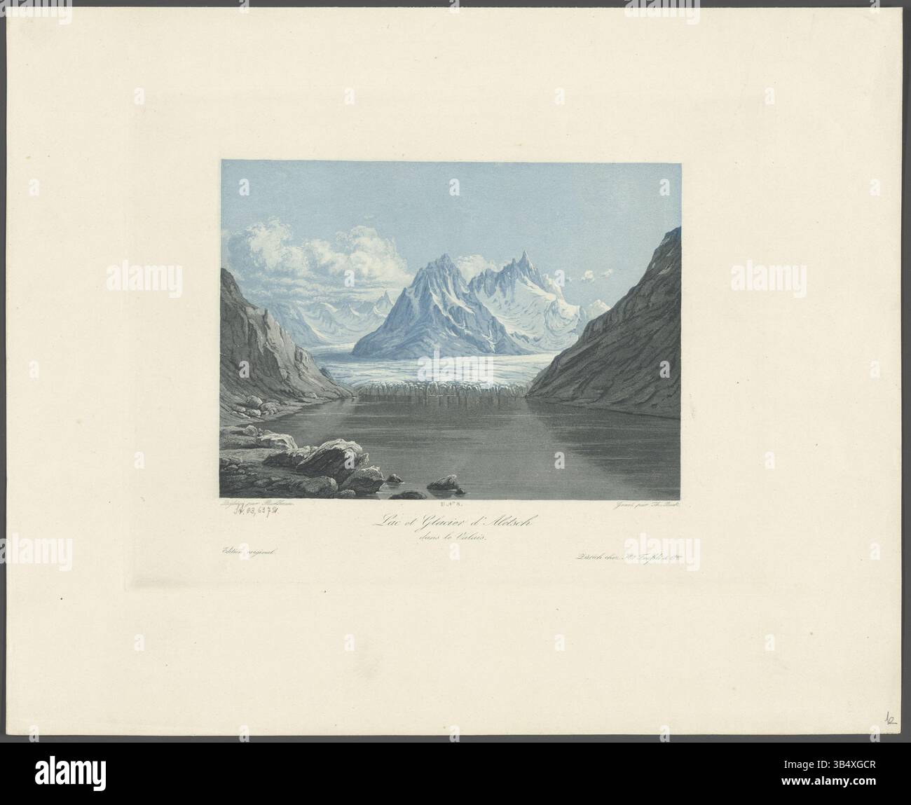 Aquatint and steel engraving showing the Aletsch Lake and Glacier in the Valais. This print ...